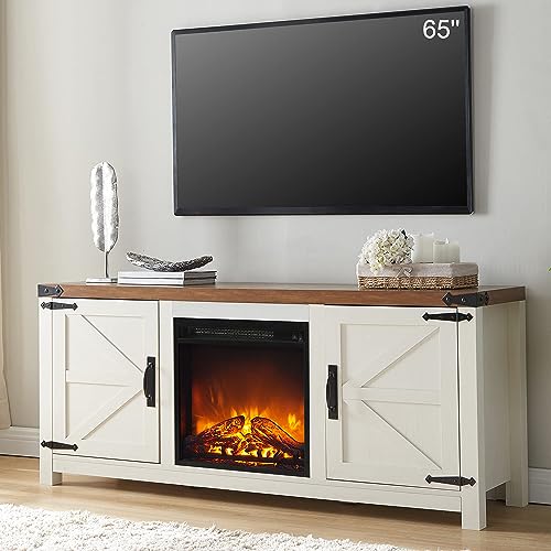 T4TREAM Fireplace TV Stand for 65 Inch TV, Farmhouse Barn Door Media Console, Entertainment Center with 18" Electric Fireplace Storage Cabinet Doors,for Living Room, 58 Inch, Antique White