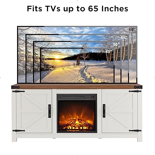 T4TREAM Fireplace TV Stand for 65 Inch TV, Farmhouse Barn Door Media Console, Entertainment Center with 18" Electric Fireplace Storage Cabinet Doors,for Living Room, 58 Inch, Antique White