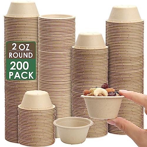 2 oz Compostable Portion Cups,200 Pack Disposable Souffle Cups,Biodegradable Condiment Cups,Bagasse Fiber Sample Portion Cups,Sample Cups Tasting Cups for Jello Shot,Souffle,Condiment,Sauce (Natural)