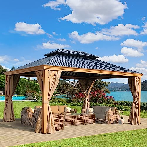 Aoodor 12’ x 16’Wooden Grain Coated Aluminum Gazebo Hardtop 2-Tier Black Steel Roof, Wooden Print Frame with Curtain&Netting for Patios, Gardens, Lawns