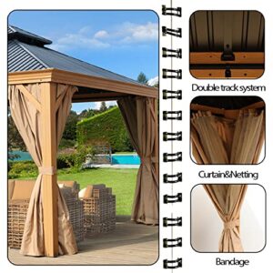 Aoodor 12’ x 16’Wooden Grain Coated Aluminum Gazebo Hardtop 2-Tier Black Steel Roof, Wooden Print Frame with Curtain&Netting for Patios, Gardens, Lawns