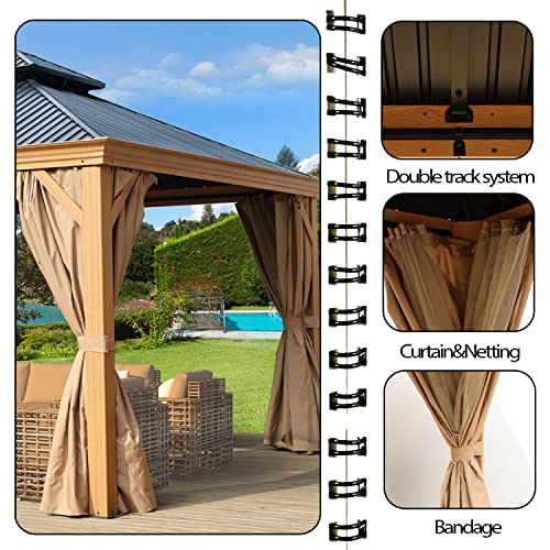 Aoodor 12’ x 16’Wooden Grain Coated Aluminum Gazebo Hardtop 2-Tier Black Steel Roof, Wooden Print Frame with Curtain&Netting for Patios, Gardens, Lawns