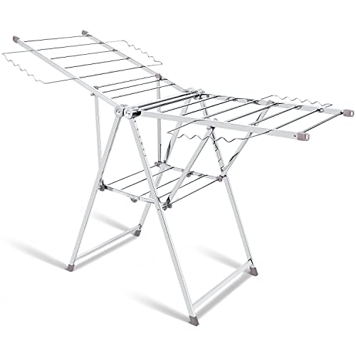 Duwee Clothes Drying Rack Clothes Airer,Foldable Clothes Horse Stainless Steel Clothes Drying Rack with Height-Adjustable Wings,Free-Standing Laundry Drying Rack for Indoor/Outdoor