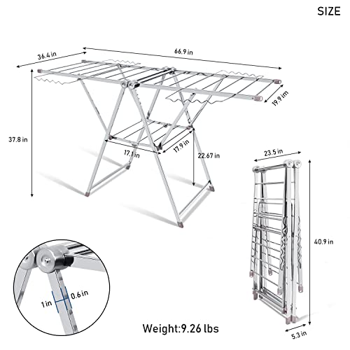 Duwee Clothes Drying Rack Clothes Airer,Foldable Clothes Horse Stainless Steel Clothes Drying Rack with Height-Adjustable Wings,Free-Standing Laundry Drying Rack for Indoor/Outdoor