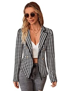 wdirara women's houndstooth lapel long sleeve elegant coat work office jackets blazers black and white xs