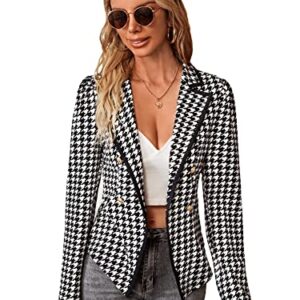 WDIRARA Women's Houndstooth Lapel Long Sleeve Elegant Coat Work Office Jackets Blazers Black and White XS