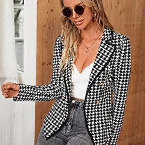 WDIRARA Women's Houndstooth Lapel Long Sleeve Elegant Coat Work Office Jackets Blazers Black and White XS