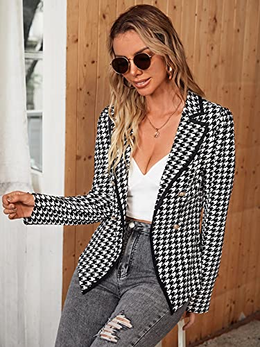 WDIRARA Women's Houndstooth Lapel Long Sleeve Elegant Coat Work Office Jackets Blazers Black and White XS