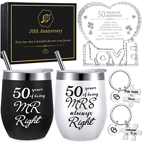 5 Pcs 50th Anniversary Wedding Gifts Set 50 Years Mr Right Mrs Always Right Insulated Wine Tumbler Heart Marriage Keepsake 50 Years Down Forever to Go Puzzle Keychain with Gift Box for Parents Couples