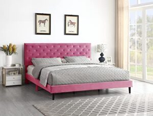 king upholstered platform bed frame with 48" tall adjustable headboard - button tufted suede velour bed- wood slat support with storage space - no box spring needed - pink - oliver & smith - princeton