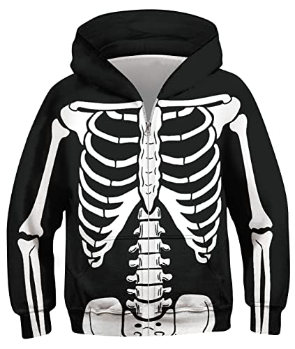 Halloween Skeleton Hooded Sweatshirts for Teen Boys Size 11 3d Printed Long Sleeve Zip up Hoodies Winter Jacket Hoody Coat 10-12 Years