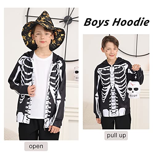 Halloween Skeleton Hooded Sweatshirts for Teen Boys Size 11 3d Printed Long Sleeve Zip up Hoodies Winter Jacket Hoody Coat 10-12 Years