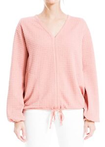 max studio women's waffle knit v neck long sleeve pullover, blush-16-1522, extra large