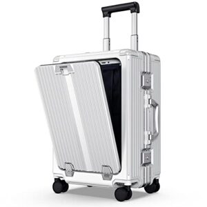 somode airline approved carry on luggage with spinner wheels,aluminum framed carry on suitcase with front open laptop compartment/pocket 22×14×9 inch large checked-in luggage(white)