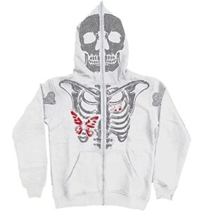 naranjaburbuja y2k skeleton full zip up hoodies over face women men rhinestone skull graphic print sweatshirt gothic oversized jackets streetwear, q-butterfly white skeleton goth