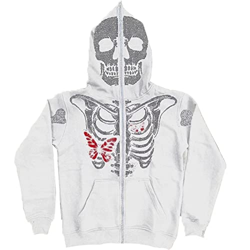 NaranjaBurbuja Y2k Skeleton Full Zip Up Hoodies Over Face Women Men Rhinestone Skull Graphic Print Sweatshirt Gothic Oversized Jackets Streetwear, Q-butterfly White Skeleton Goth