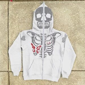 NaranjaBurbuja Y2k Skeleton Full Zip Up Hoodies Over Face Women Men Rhinestone Skull Graphic Print Sweatshirt Gothic Oversized Jackets Streetwear, Q-butterfly White Skeleton Goth