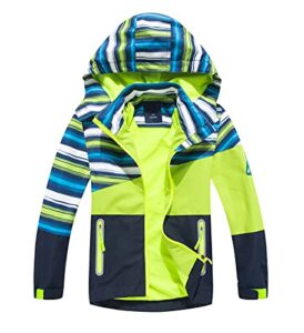 loktarc big boys girls rain jackets stripe color block kids lightweight waterproof hooded raincoats fluorescent green 7-8 years/size l