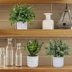 Set of 3 Small Potted Plants Faux Eucalyptus Plants and Tropical Snake Plant in Geometric Gray Pots for Modern Bathroom Office Table Shelf Windowsill Home Indoor Outdoor Green Décor