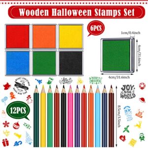 48 Pieces Christmas Stamps for Kids Wooden Rubber Stamps with Ink Pad Colored Pencil Ink Pad Colouring Pencil Art Supplies Set for DIY Party Favor Gift (Lovely Style)