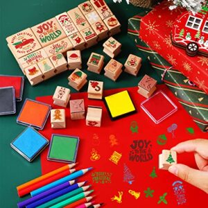 48 Pieces Christmas Stamps for Kids Wooden Rubber Stamps with Ink Pad Colored Pencil Ink Pad Colouring Pencil Art Supplies Set for DIY Party Favor Gift (Lovely Style)