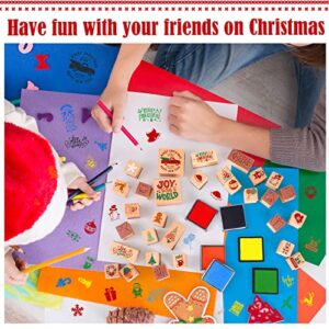 48 Pieces Christmas Stamps for Kids Wooden Rubber Stamps with Ink Pad Colored Pencil Ink Pad Colouring Pencil Art Supplies Set for DIY Party Favor Gift (Lovely Style)