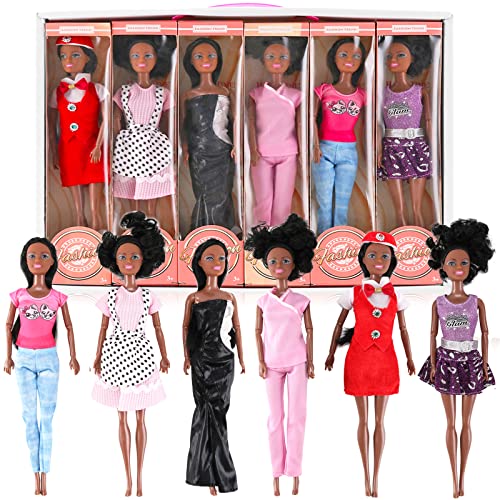 6 Set of African American Black Toy Dolls - 11.5" Premium Fashion Style Diversity Role Play Dolls, Bundle Variety Pack for Kids, Girls Party Favors