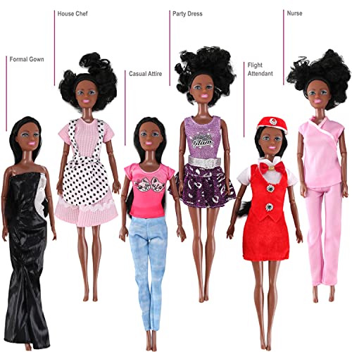 6 Set of African American Black Toy Dolls - 11.5" Premium Fashion Style Diversity Role Play Dolls, Bundle Variety Pack for Kids, Girls Party Favors