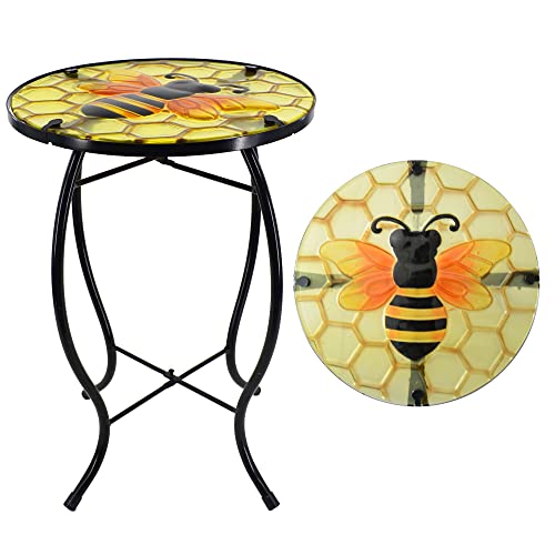 NewVees Bee Patio Side Table, Small Patio Outdoor Side Table, Plant Table,Metal Glass End Table for Porch Garden Yard Pool.