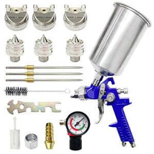 automotive paint spray gun set, hvlp gravity feed spray gun with 1.4mm 1.7mm 2.0mm nozzles, paint gun with 1000cc aluminum cup & gauge for auto paint, clear/top coat & touch-up (blue-b)