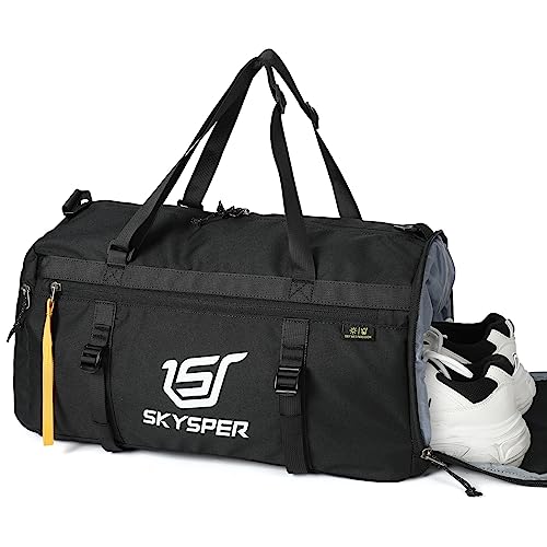 SKYSPER Sports Bag Small Gym Duffel Bag for Men Women with Wet Compartment & Shoe Compartment,Carry on Travel Duffel Bag Overnight for Weekend Swimming Training Yoga Black