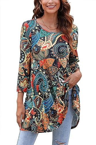 ENMAIN Womens Tunic Tops 3/4 Sleeve Dressy Casual Plus Size Tunic Tops to Wear with Leggings Loose Fit Swing Fall Orange T-Shirt Ladies Blouses