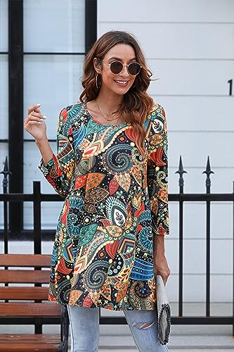 ENMAIN Womens Tunic Tops 3/4 Sleeve Dressy Casual Plus Size Tunic Tops to Wear with Leggings Loose Fit Swing Fall Orange T-Shirt Ladies Blouses