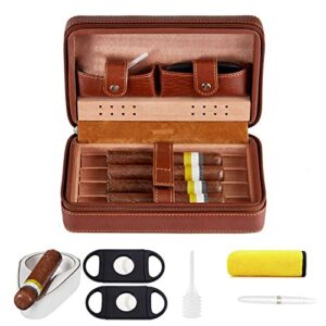 cigar humidors, portable humidor for travel and men's gifts, cedar wood brown leather cigar accessories with 6 set（cigar cutter*2, ashtray, cleaning pen,towel）