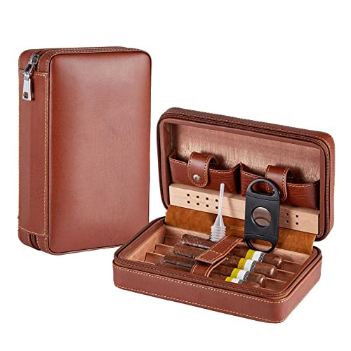 Cigar Humidors, Portable Humidor for Travel and Men's Gifts, Cedar Wood Brown Leather Cigar Accessories with 6 Set（Cigar Cutter*2, Ashtray, Cleaning Pen,Towel）