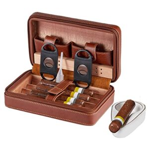 Cigar Humidors, Portable Humidor for Travel and Men's Gifts, Cedar Wood Brown Leather Cigar Accessories with 6 Set（Cigar Cutter*2, Ashtray, Cleaning Pen,Towel）