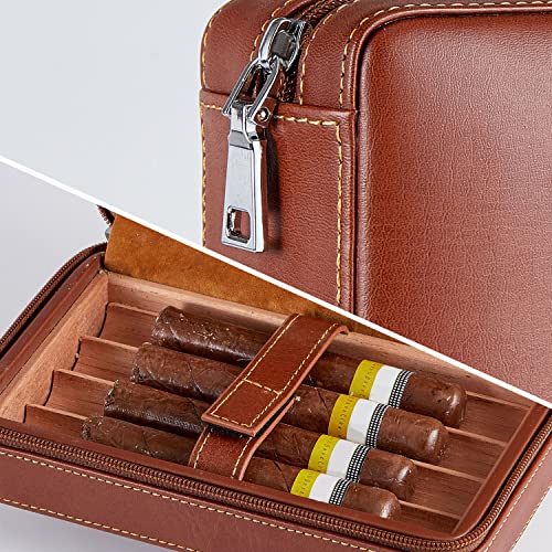 Cigar Humidors, Portable Humidor for Travel and Men's Gifts, Cedar Wood Brown Leather Cigar Accessories with 6 Set（Cigar Cutter*2, Ashtray, Cleaning Pen,Towel）