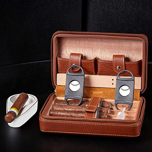 Cigar Humidors, Portable Humidor for Travel and Men's Gifts, Cedar Wood Brown Leather Cigar Accessories with 6 Set（Cigar Cutter*2, Ashtray, Cleaning Pen,Towel）