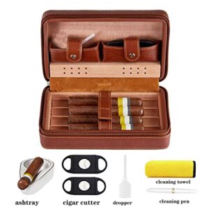 Cigar Humidors, Portable Humidor for Travel and Men's Gifts, Cedar Wood Brown Leather Cigar Accessories with 6 Set（Cigar Cutter*2, Ashtray, Cleaning Pen,Towel）