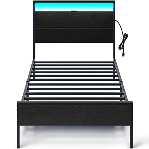 Rolanstar Bed Frame with Charging Station, Twin Bed with LED Lights Headboard, Metal Platform Bed Frame, Strong Metal Slats, 10.2” Under Bed Storage Clearance, No Box Spring Needed, Noise Free