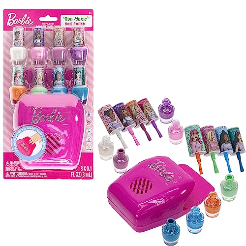 Townley Girl Barbie Non-Toxic Peel-Off Water-Based Safe Nail Polish Set with Nail Dryer for Kids, Batteries Not Included, Ages 3 and Up