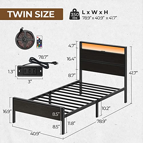 Rolanstar Bed Frame with Charging Station, Twin Bed with LED Lights Headboard, Metal Platform Bed Frame, Strong Metal Slats, 10.2” Under Bed Storage Clearance, No Box Spring Needed, Noise Free