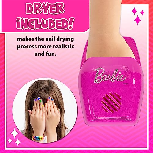 Townley Girl Barbie Non-Toxic Peel-Off Water-Based Safe Nail Polish Set with Nail Dryer for Kids, Batteries Not Included, Ages 3 and Up