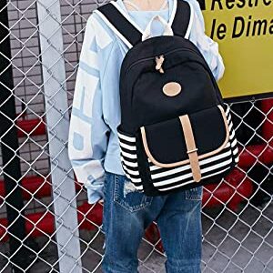 Createy 4 Pcs Canvas Backpack for Girls School Bag Kids Bookbags Teen Backpack Travel Daypack Stripe Backpack with Lunch Box and Pencil Case