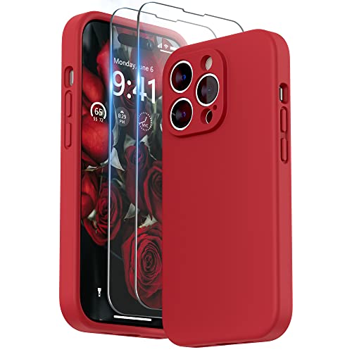 SURPHY Designed for iPhone 14 Pro Case with Screen Protector, (Camera Protection + Soft Microfiber Lining) Liquid Silicone Phone Case, Red