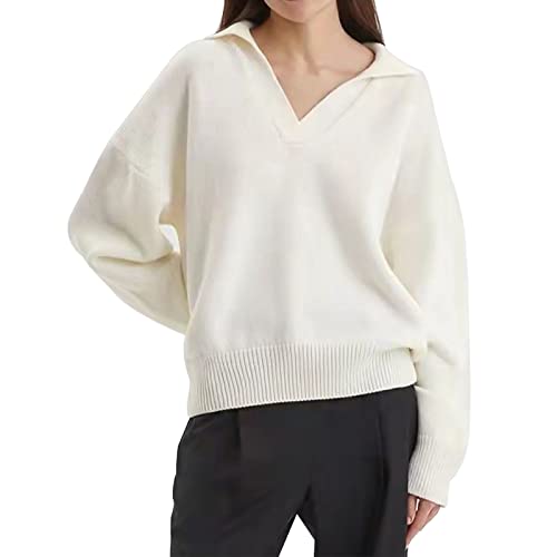 Women's Casual Long Sleeve Pullover Sweaters Striped V Neck Lapel Collar Loose Fit Solid Knitted Pullovers Jumper Tops