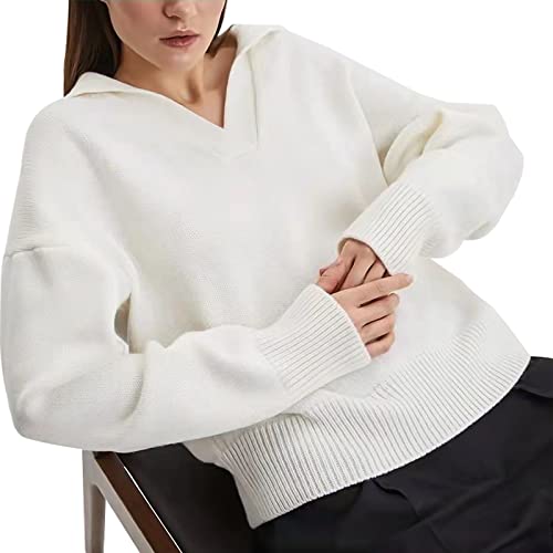 Women's Casual Long Sleeve Pullover Sweaters Striped V Neck Lapel Collar Loose Fit Solid Knitted Pullovers Jumper Tops