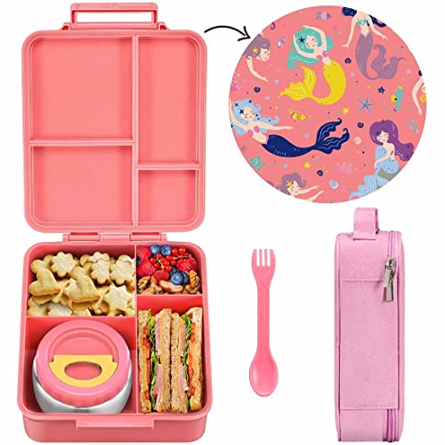 MAISON HUIS Bento Lunch Box for Kids With 8oz Soup Thermo, Leakproof Lunch Compartment Containers with 4 Compartment Bento Box, Thermo Food Jar and Lunch Bag, BPA Free,Travel, School(Mermaid)