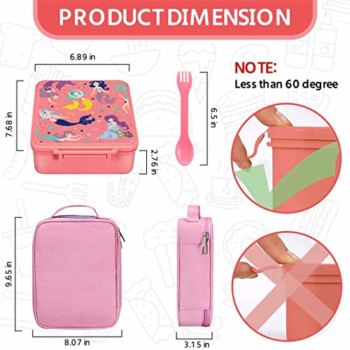 MAISON HUIS Bento Lunch Box for Kids With 8oz Soup Thermo, Leakproof Lunch Compartment Containers with 4 Compartment Bento Box, Thermo Food Jar and Lunch Bag, BPA Free,Travel, School(Mermaid)