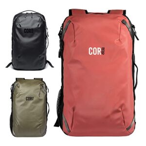 cor surf travel backpack | flight approved carry on laptop backpack with secret passport pockets | the island hopper (38l, lava red)